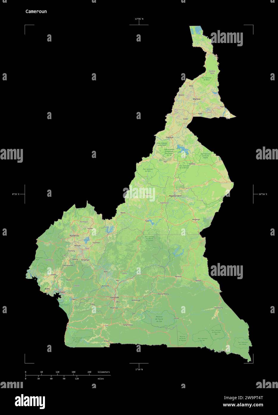 Shape of a topographic, OSM standard style map of the Cameroun, with distance scale and map ...