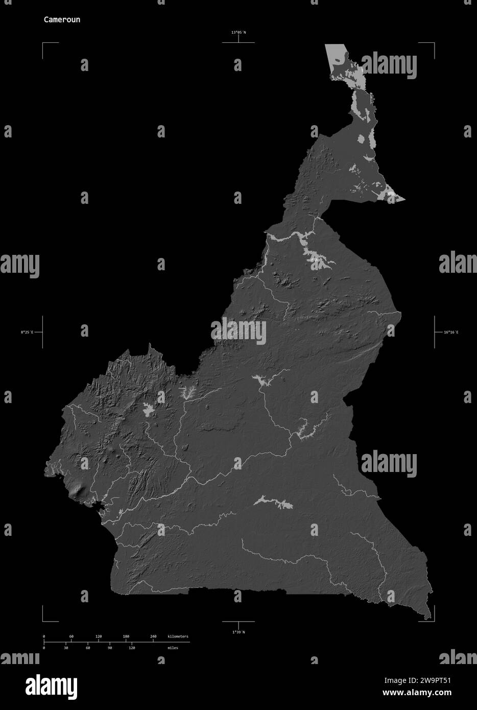 Shape of a Bilevel elevation map with lakes and rivers of the Cameroun ...