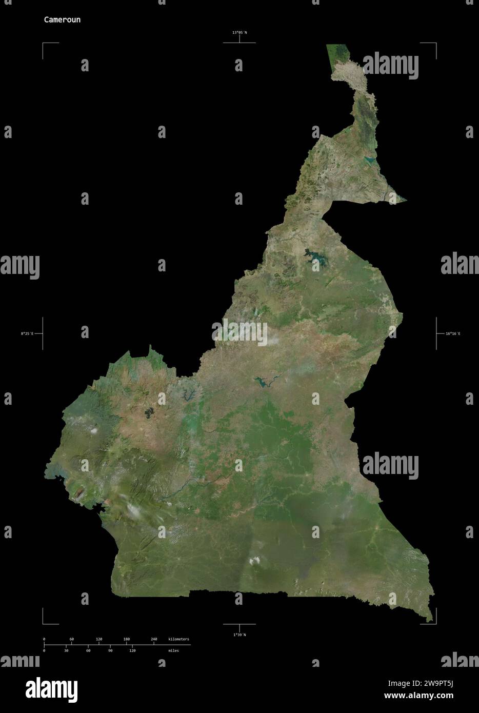 Shape of a high resolution satellite map of the Cameroun, with distance scale and map border ...