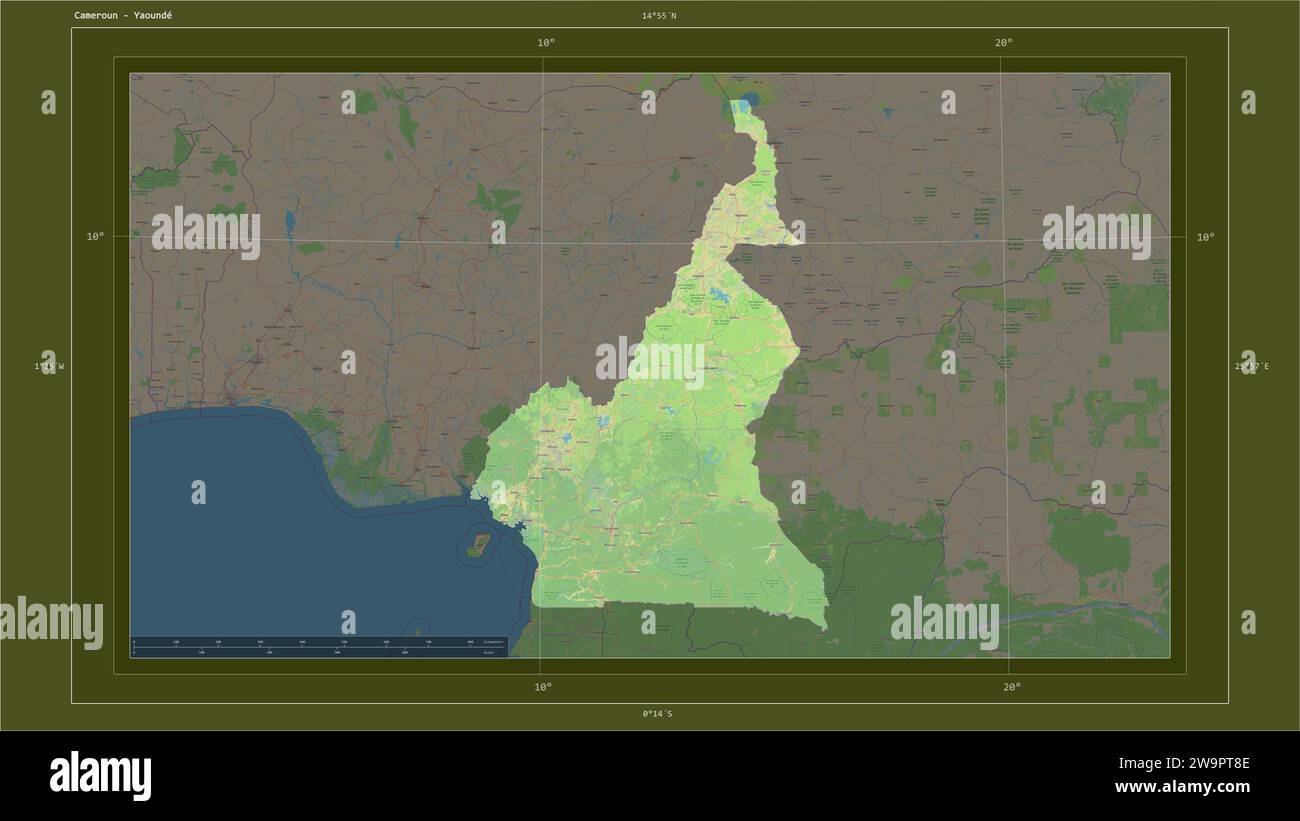 Cameroun highlighted on a topographic, OSM standard style map map with ...