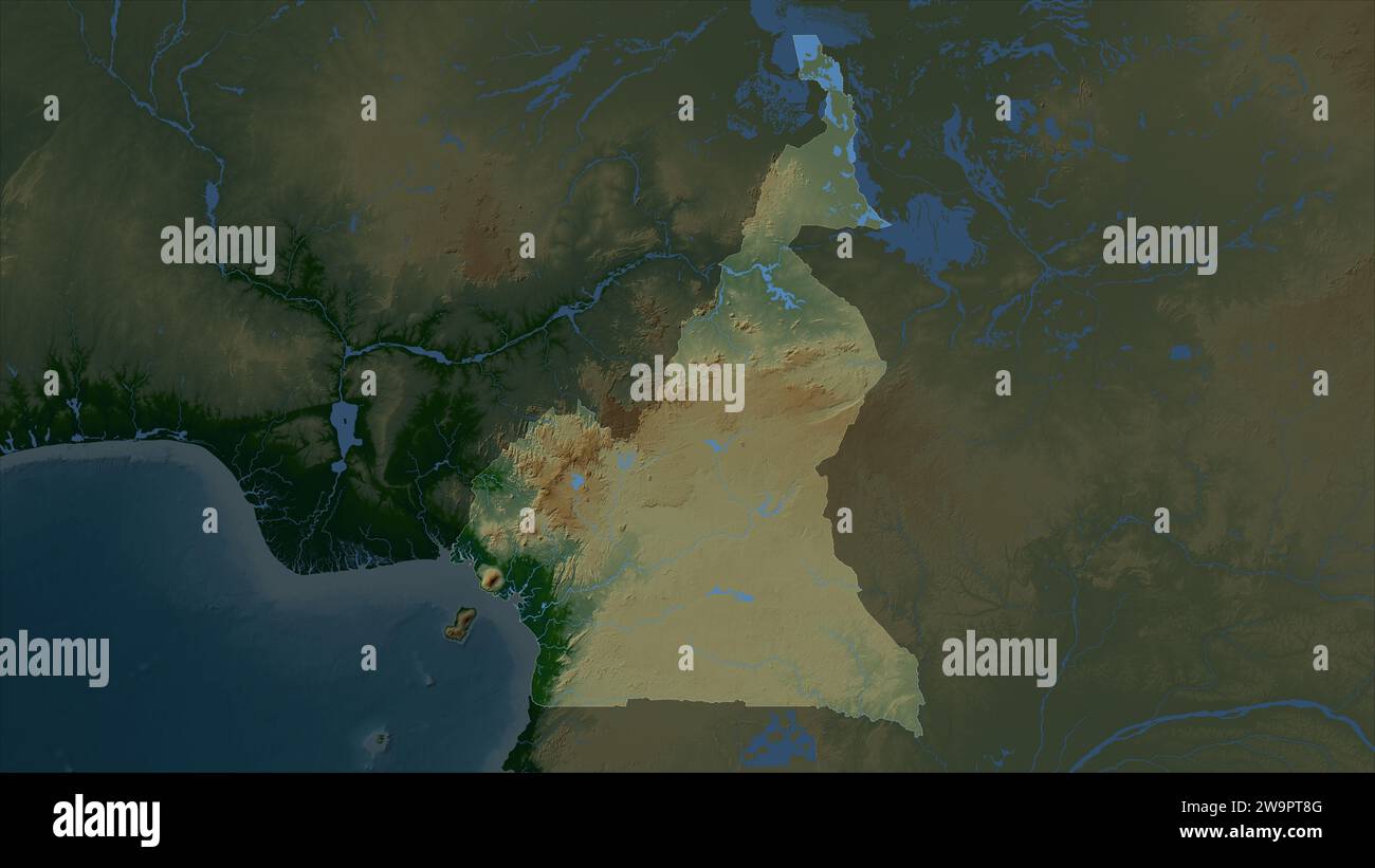 Cameroun highlighted on a Colored elevation map with lakes and rivers ...