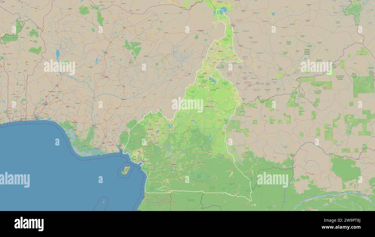 Cameroun outlined on a topographic, OSM standard style map Stock Photo ...