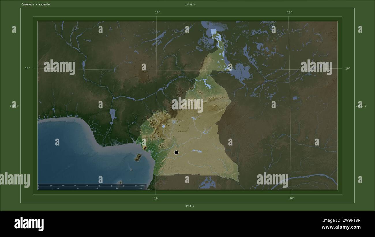 Cameroun highlighted on a Pale colored elevation map with lakes and ...