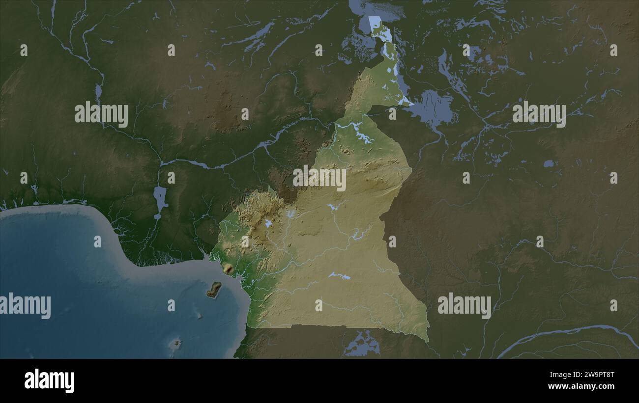Cameroun highlighted on a Pale colored elevation map with lakes and ...