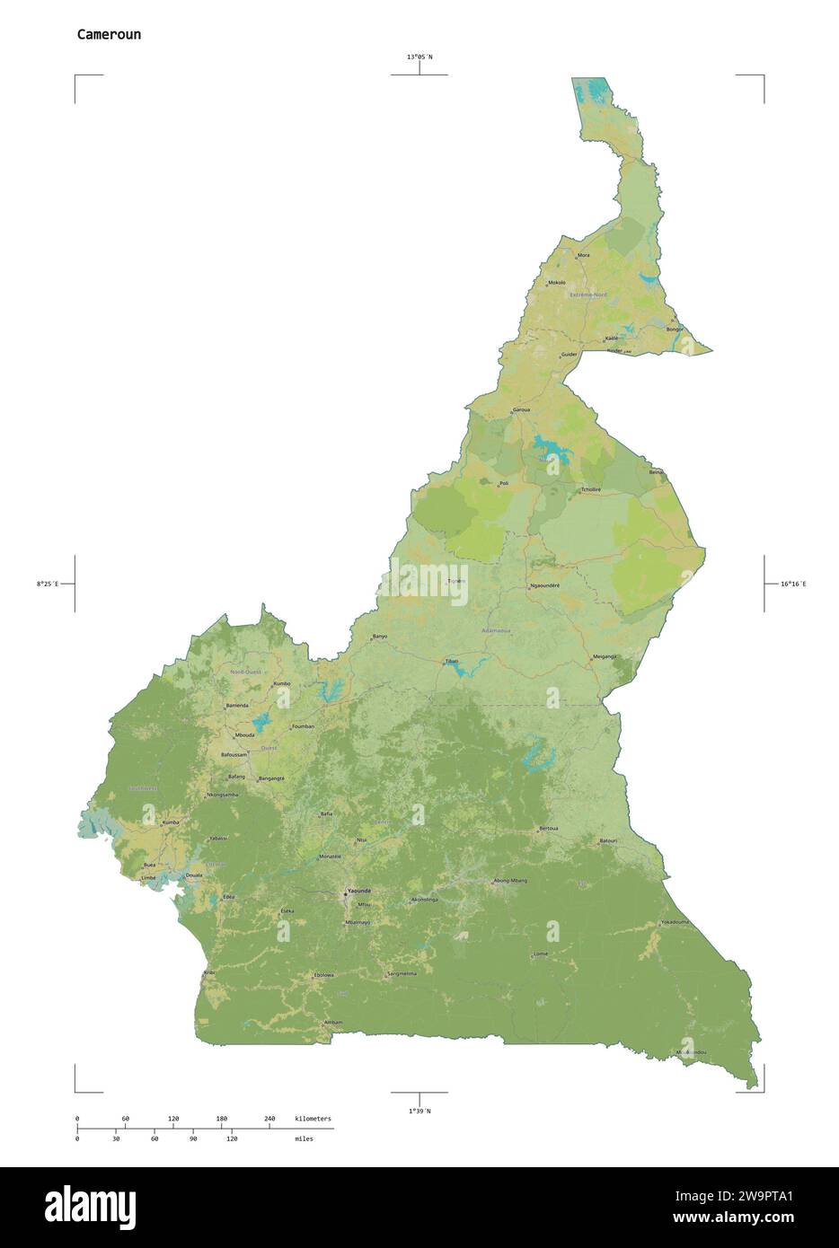 Shape of a topographic, OSM Humanitarian style map of the Cameroun ...