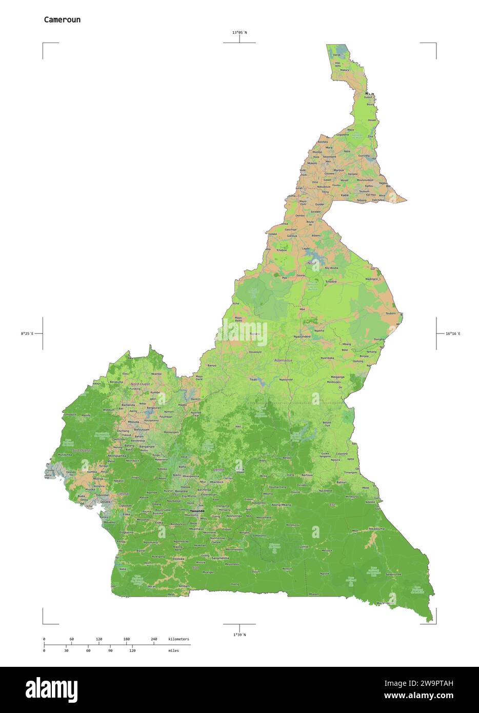 Shape of a topographic, OSM France style map of the Cameroun, with ...