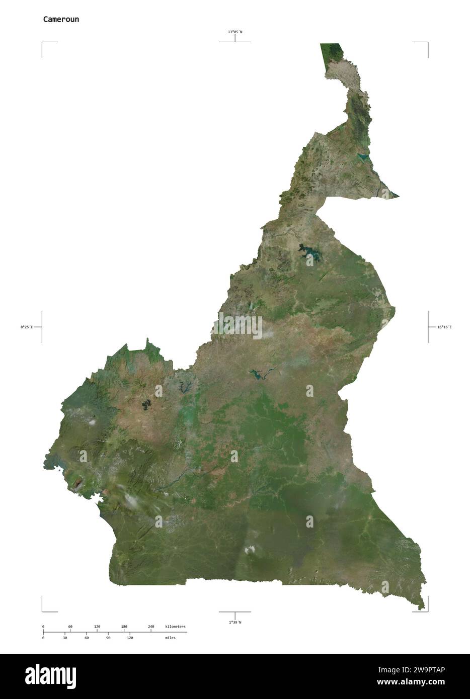 Shape of a high resolution satellite map of the Cameroun, with distance ...