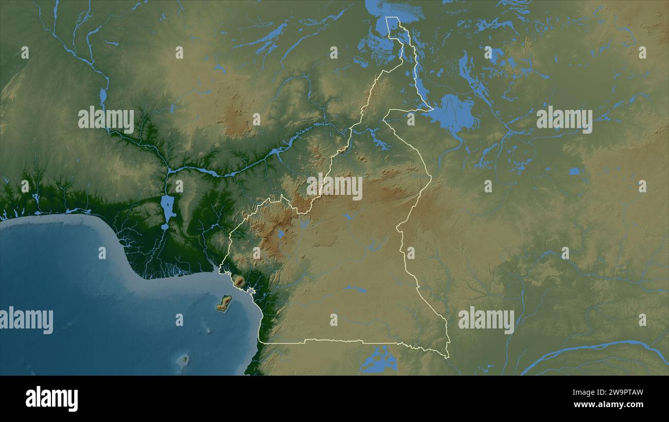 Cameroun outlined on a Colored elevation map with lakes and rivers ...
