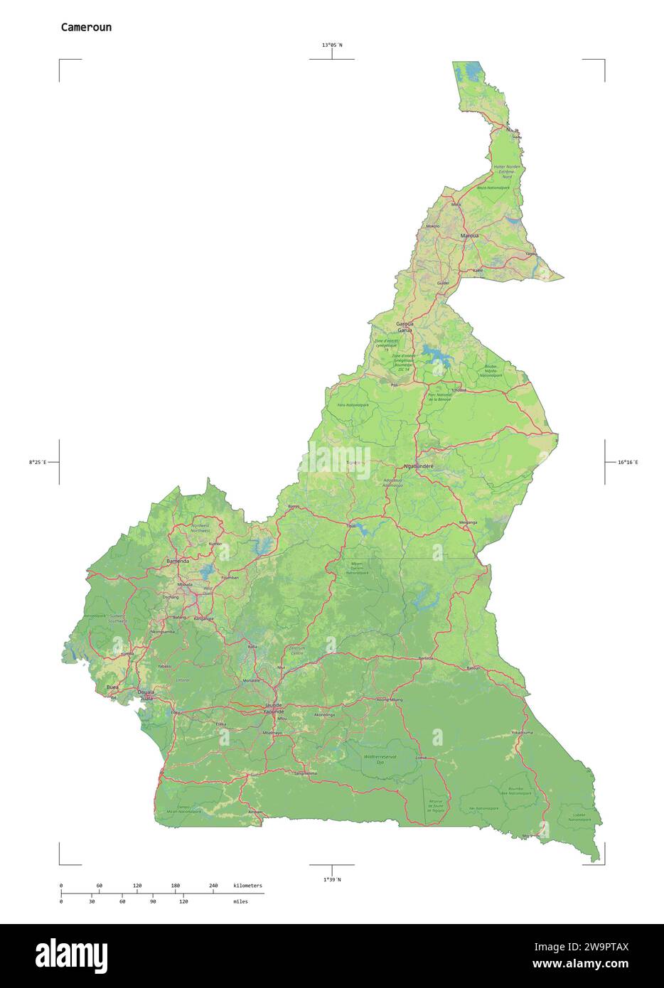 Shape of a topographic, OSM Germany style map of the Cameroun, with distance scale and map ...