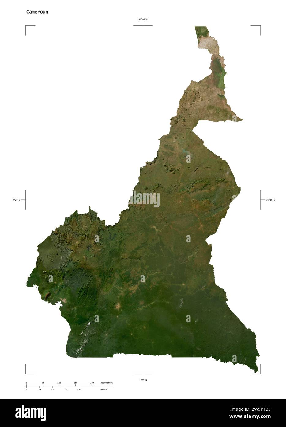 Shape of a low resolution satellite map of the Cameroun, with distance scale and map border ...