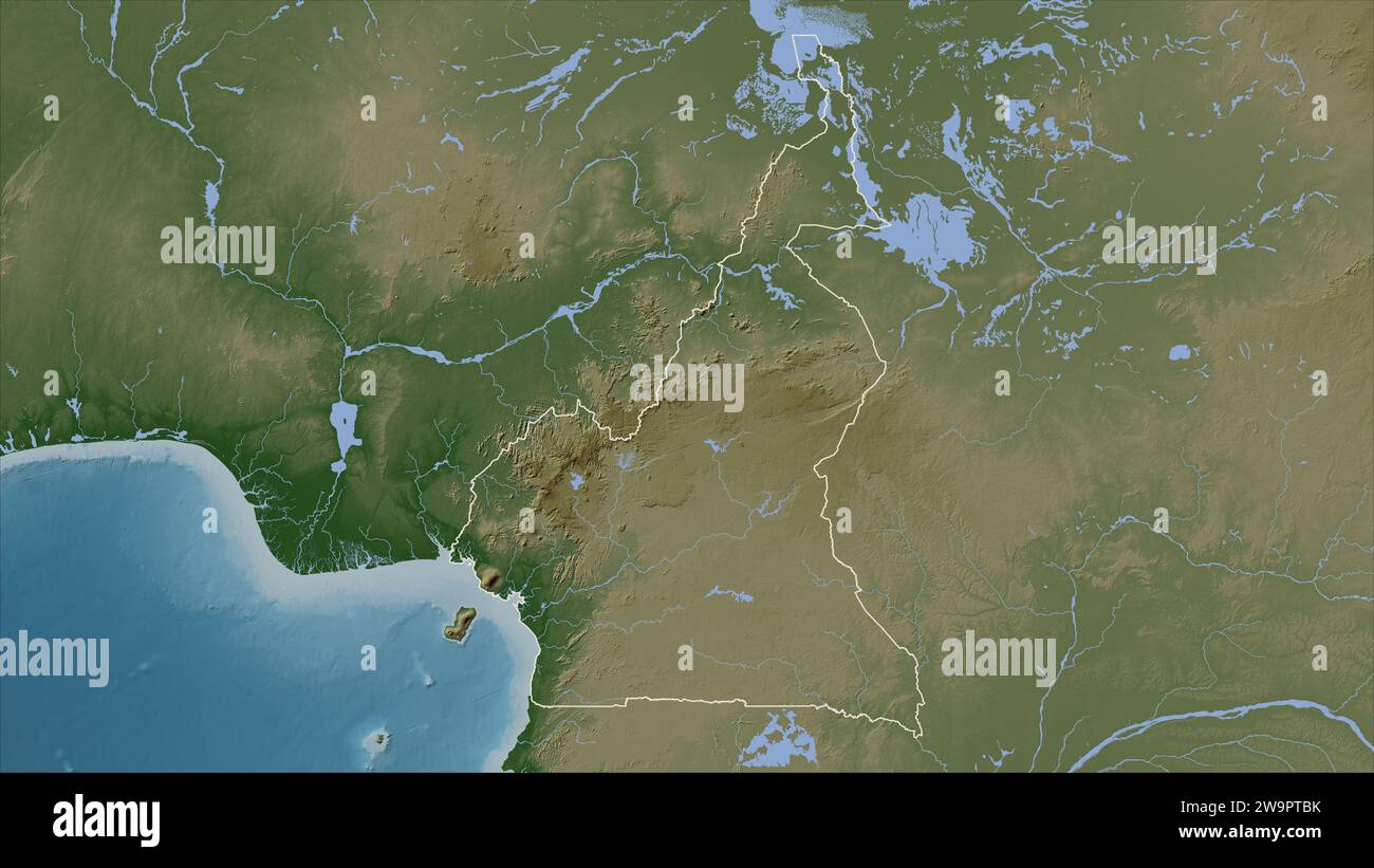 Cameroun outlined on a Pale colored elevation map with lakes and rivers ...