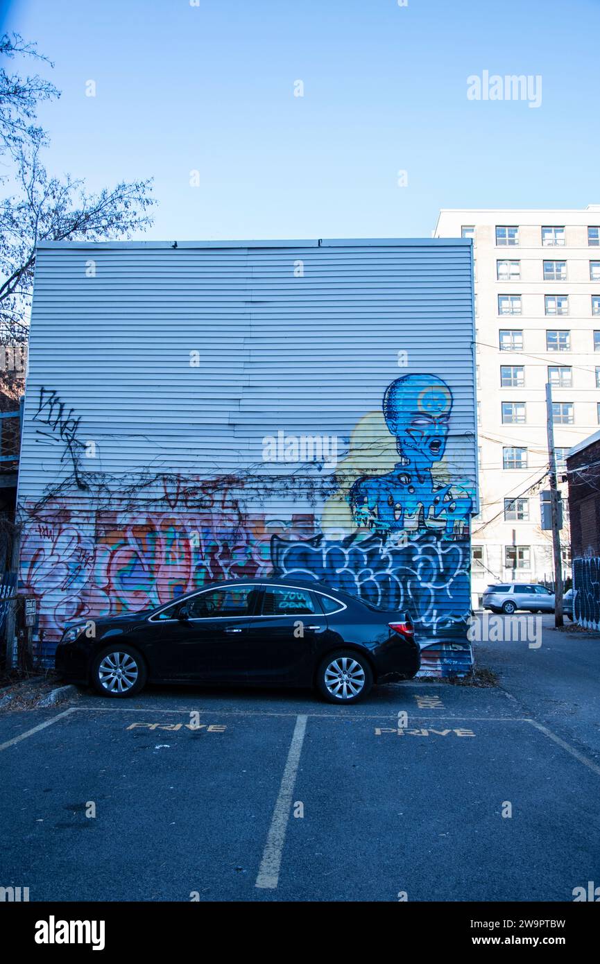Angry blue man mural in downtown Montreal, Quebec, Canada Stock Photo ...