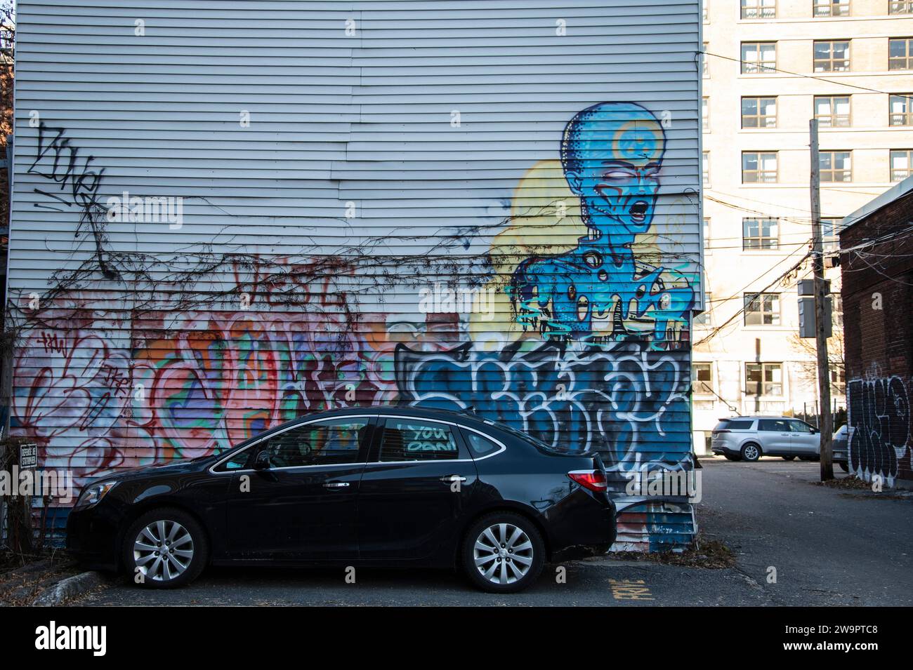 Angry blue man mural in downtown Montreal, Quebec, Canada Stock Photo ...