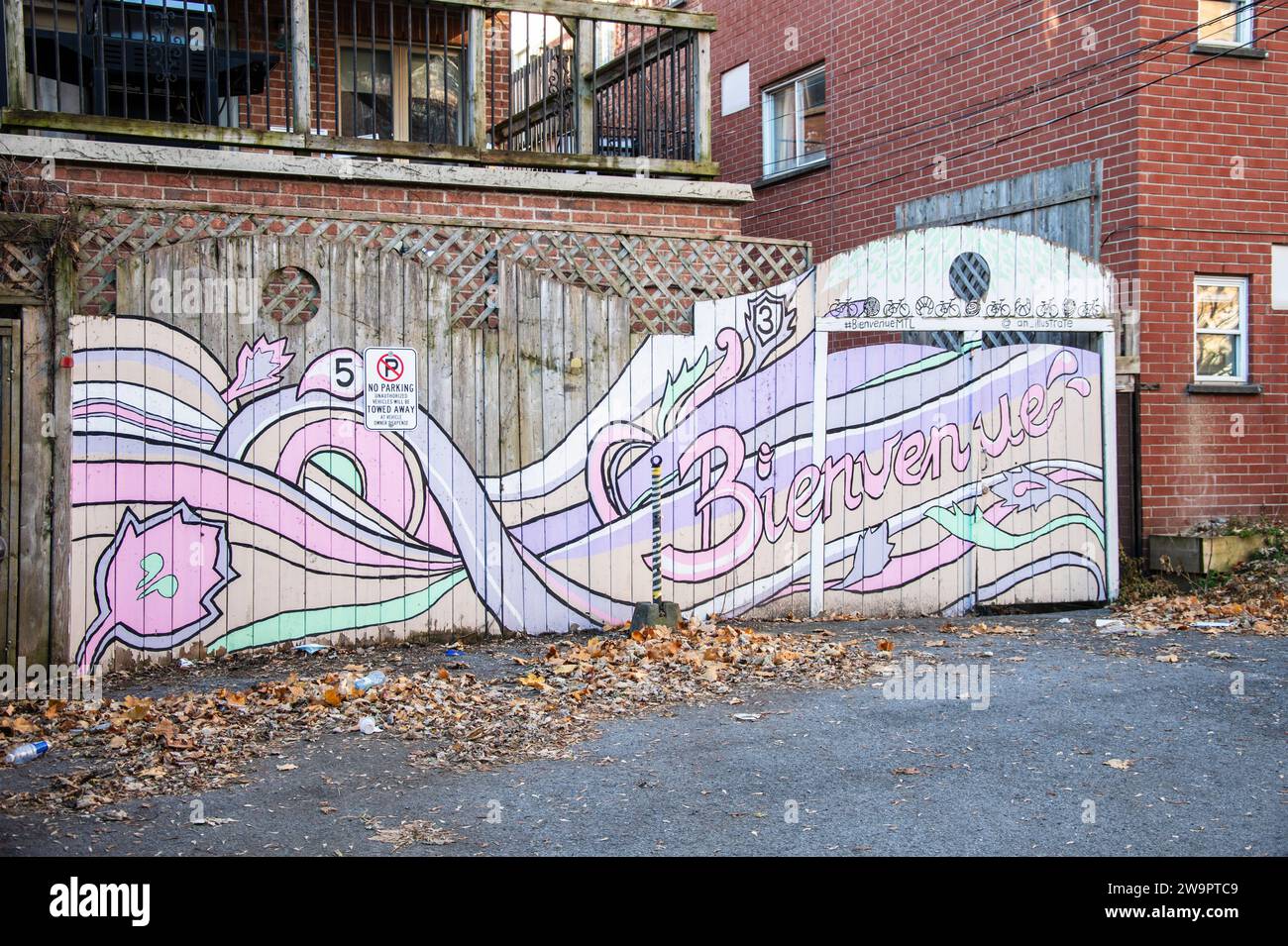 Welcome mural on a wooden fence in downtown Montreal, Quebec, Canada ...