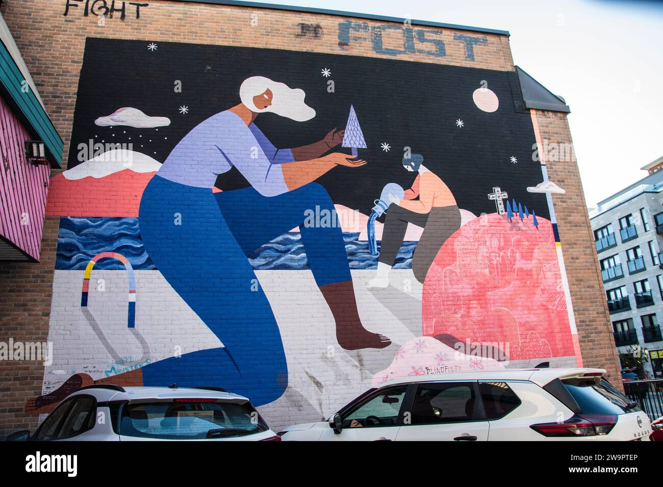Woman planting a tree on Mont-Royal mural on Park Avenue in Montreal ...