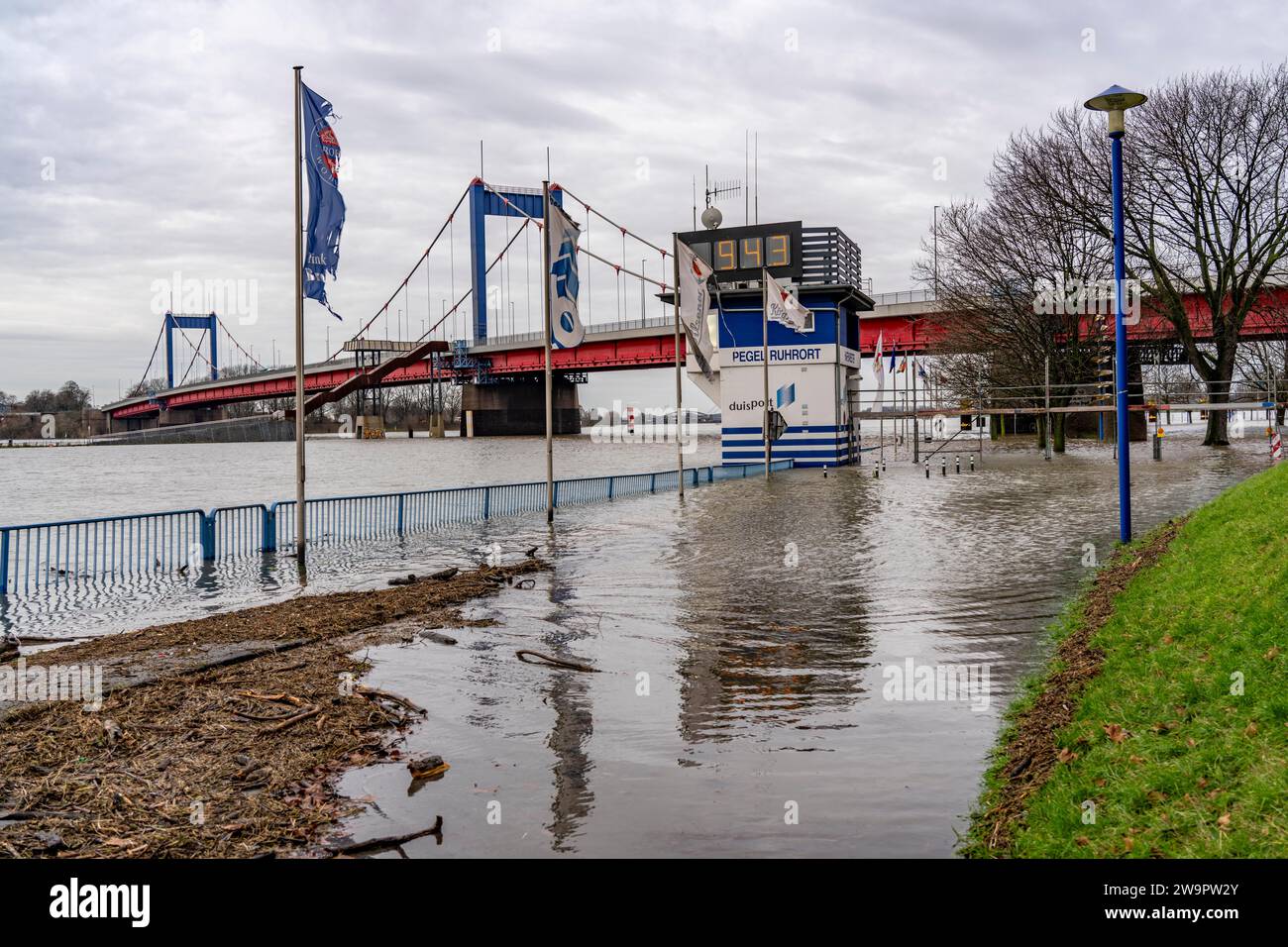 High water on the Rhine near Duisburg, river gauge house, Rhine gauge ...