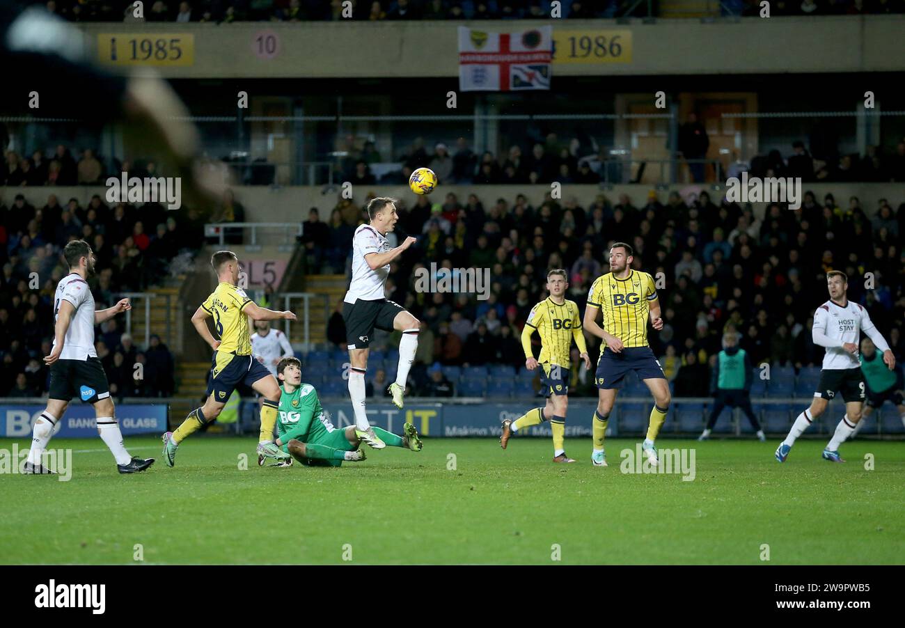Derby County's Craig Forsyth has a head shot on goal during the Sky Bet ...