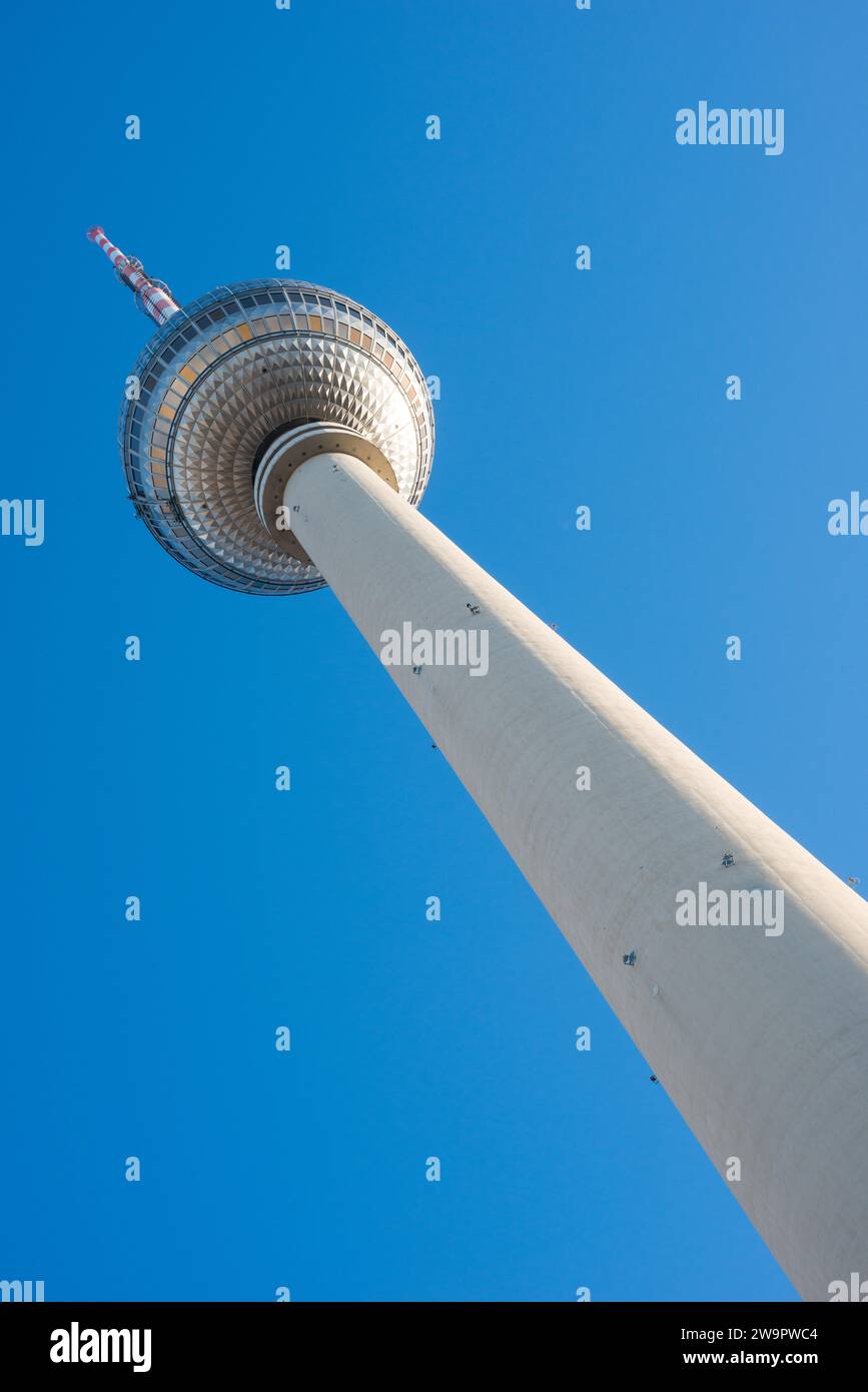Berlin television tower Alex, photographed from below with sun against ...