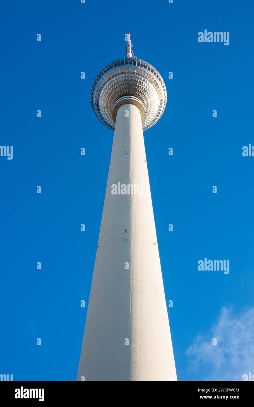 Berlin television tower Alex, photographed from below with sun against ...