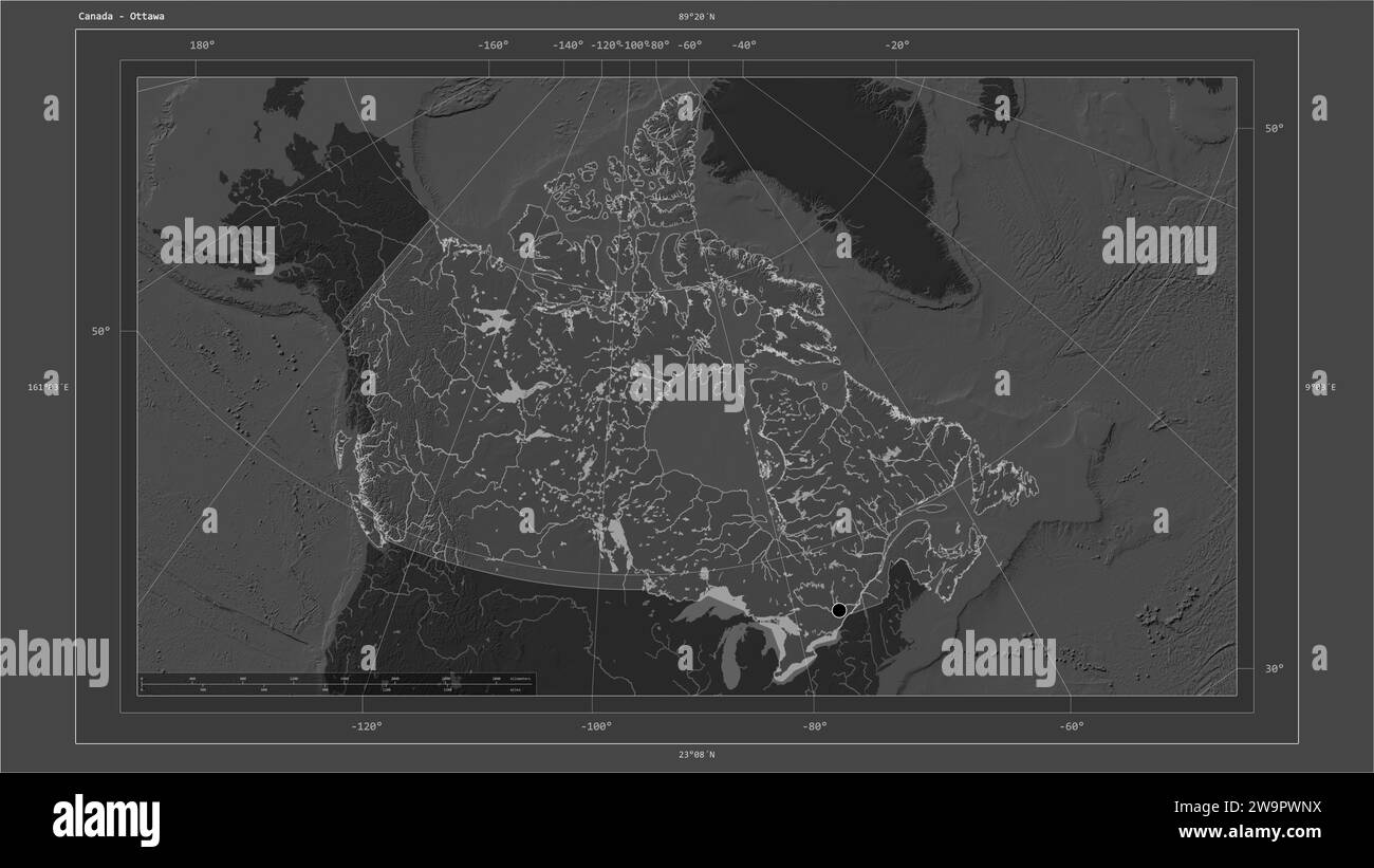 Canada highlighted on a Bilevel elevation map with lakes and rivers map ...