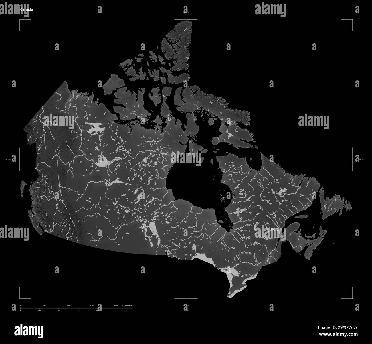 Shape of a Grayscale elevation map with lakes and rivers of the Canada ...
