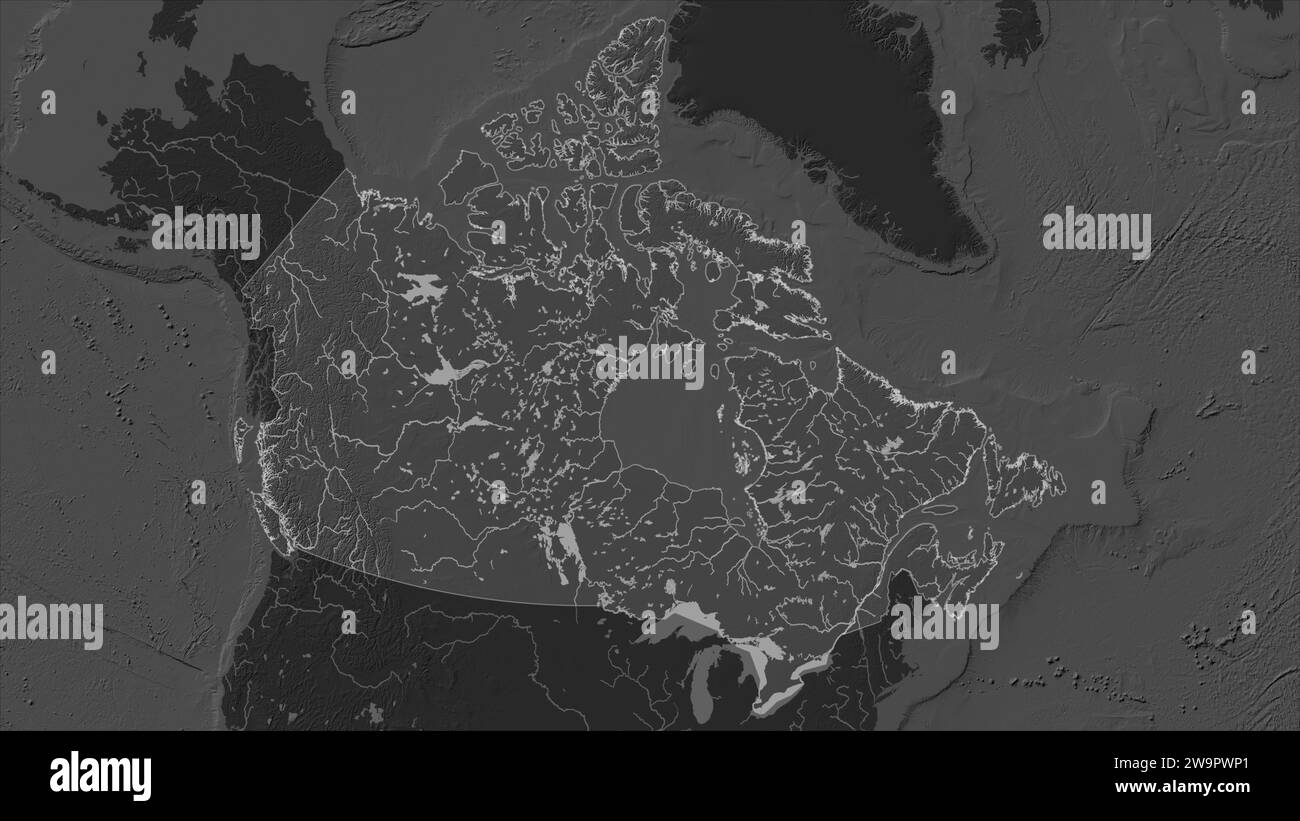 Canada highlighted on a Bilevel elevation map with lakes and rivers ...