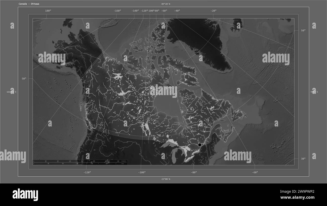 Canada highlighted on a Grayscale elevation map with lakes and rivers ...