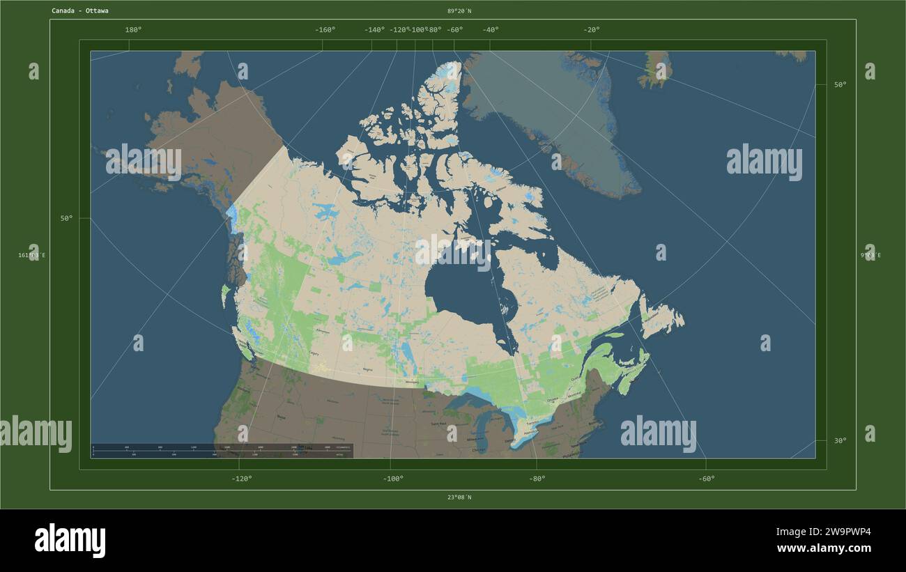 Canada highlighted on a topographic, OSM Germany style map map with the ...