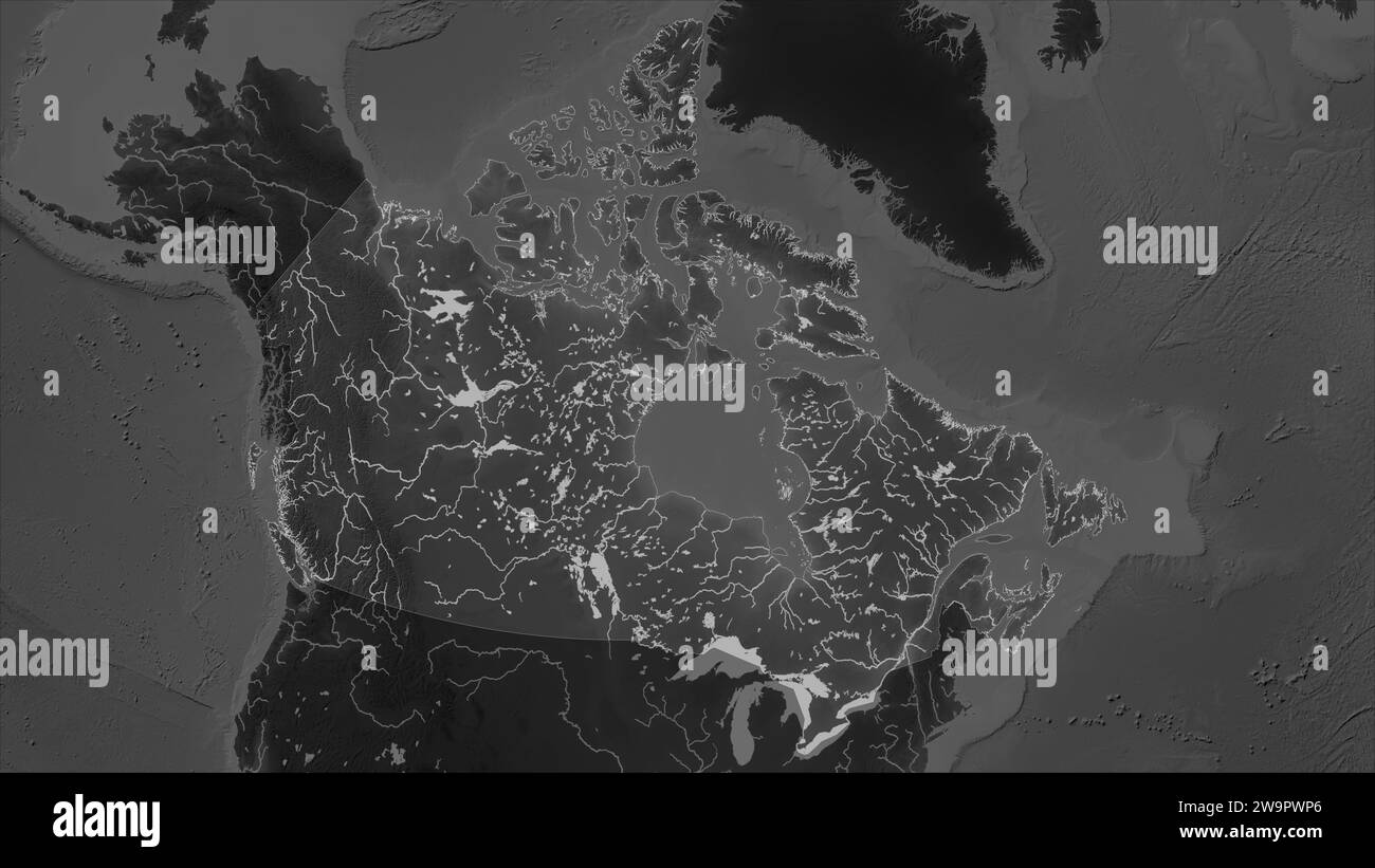 Canada highlighted on a Grayscale elevation map with lakes and rivers ...