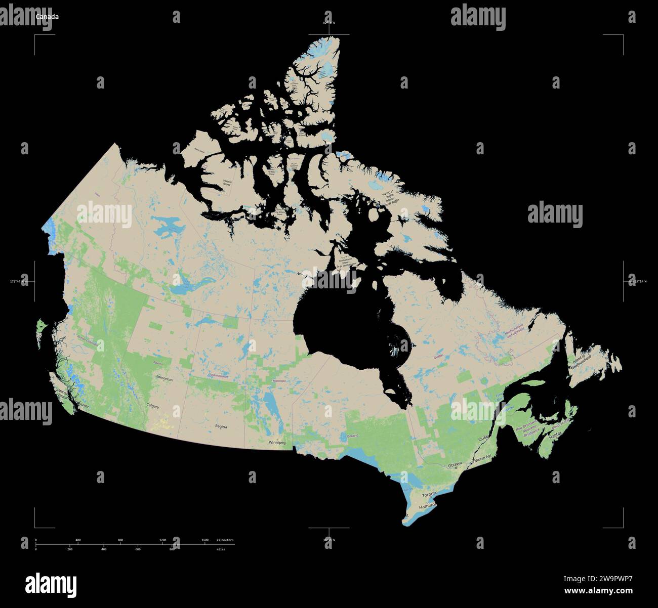 Shape of a topographic, OSM standard style map of the Canada, with ...