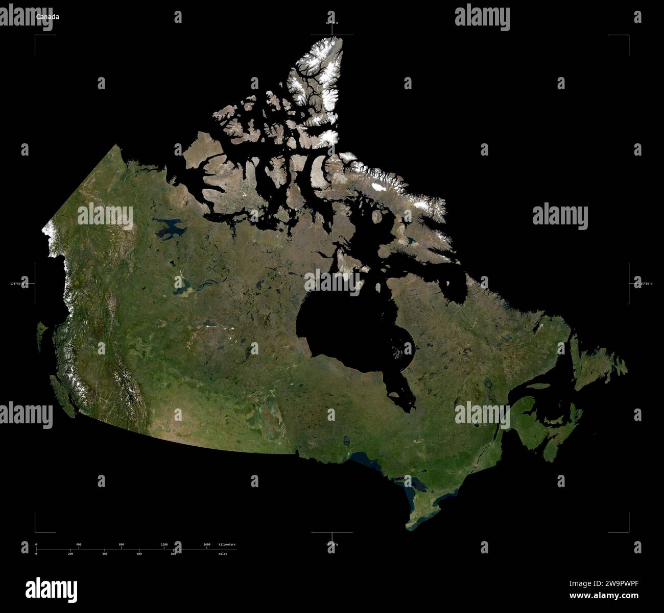 Shape of a low resolution satellite map of the Canada, with distance ...