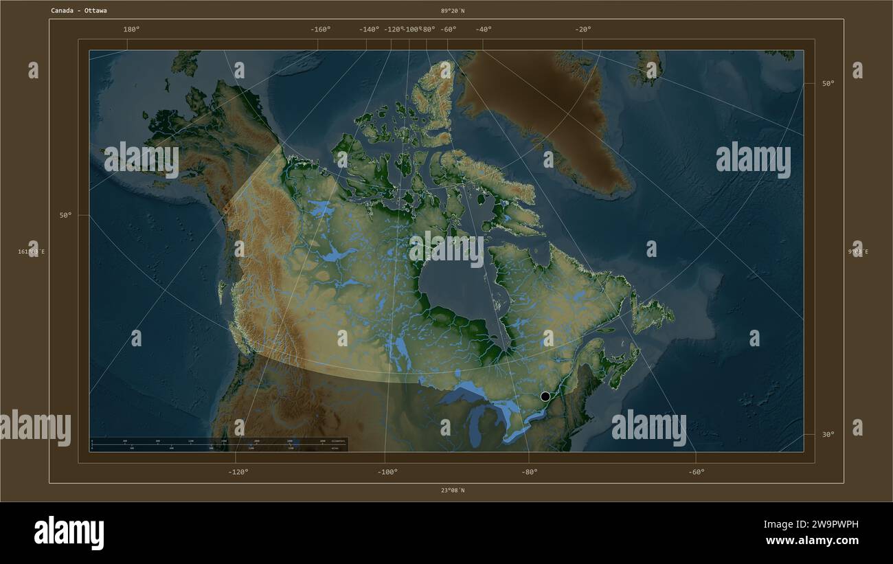 Canada highlighted on a Colored elevation map with lakes and rivers map with the country's ...