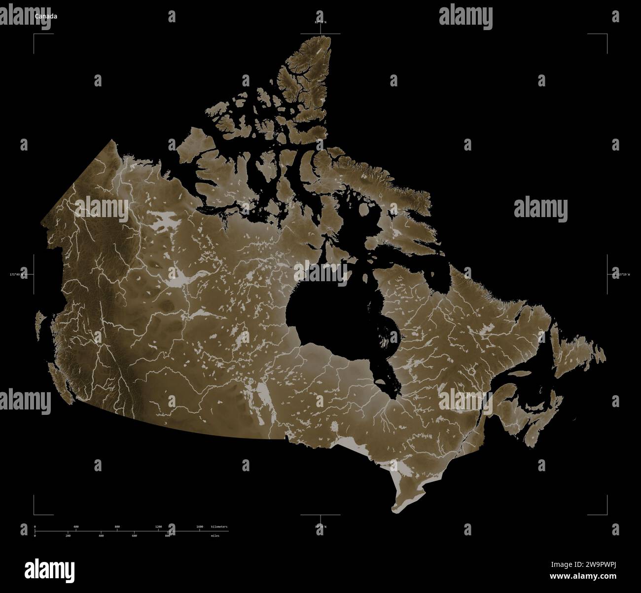 Shape of a elevation map colored in sepia tones with lakes and rivers ...
