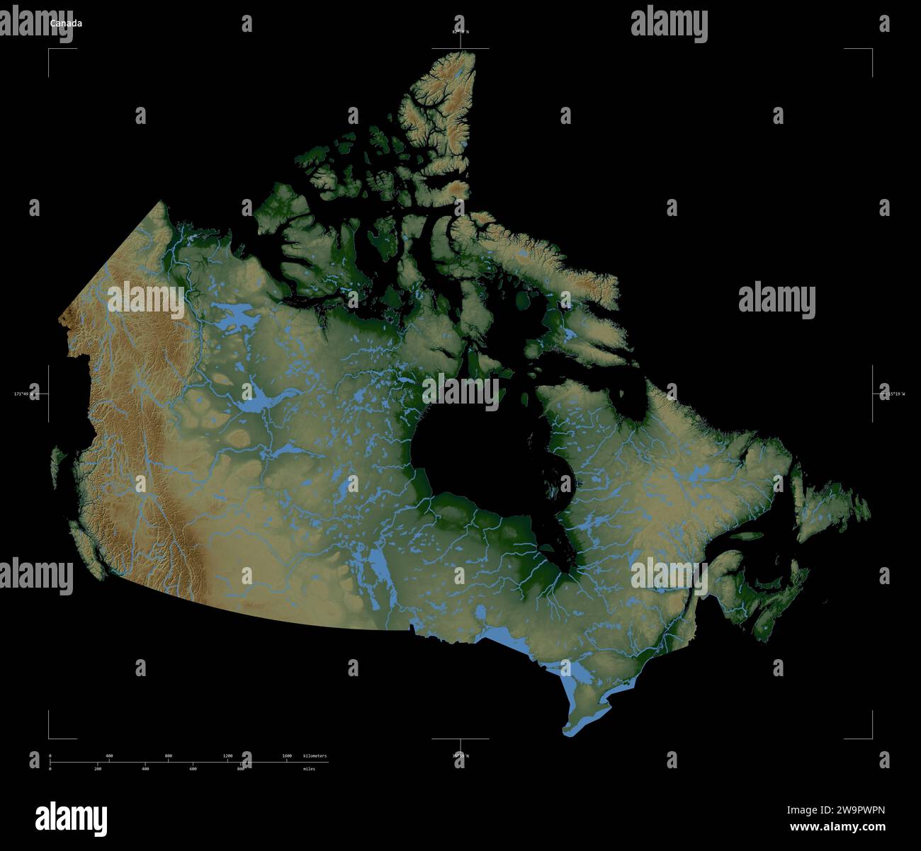 Shape of a Colored elevation map with lakes and rivers of the Canada ...