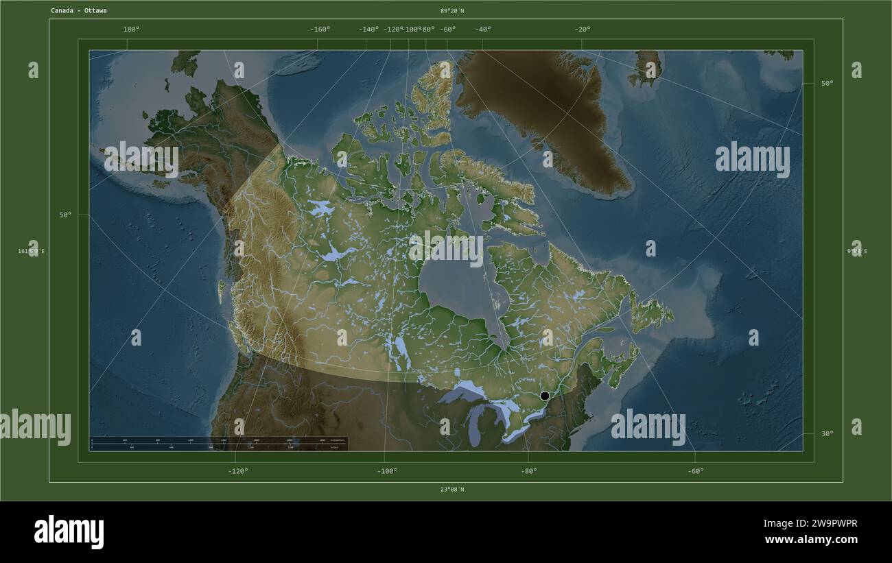 Canada highlighted on a Pale colored elevation map with lakes and ...