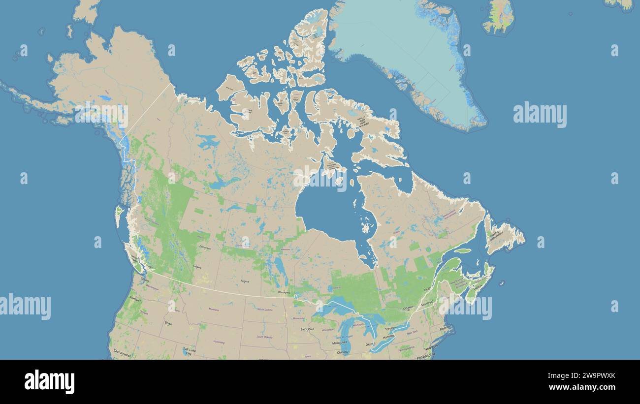 Canada outlined on a topographic, OSM standard style map Stock Photo ...