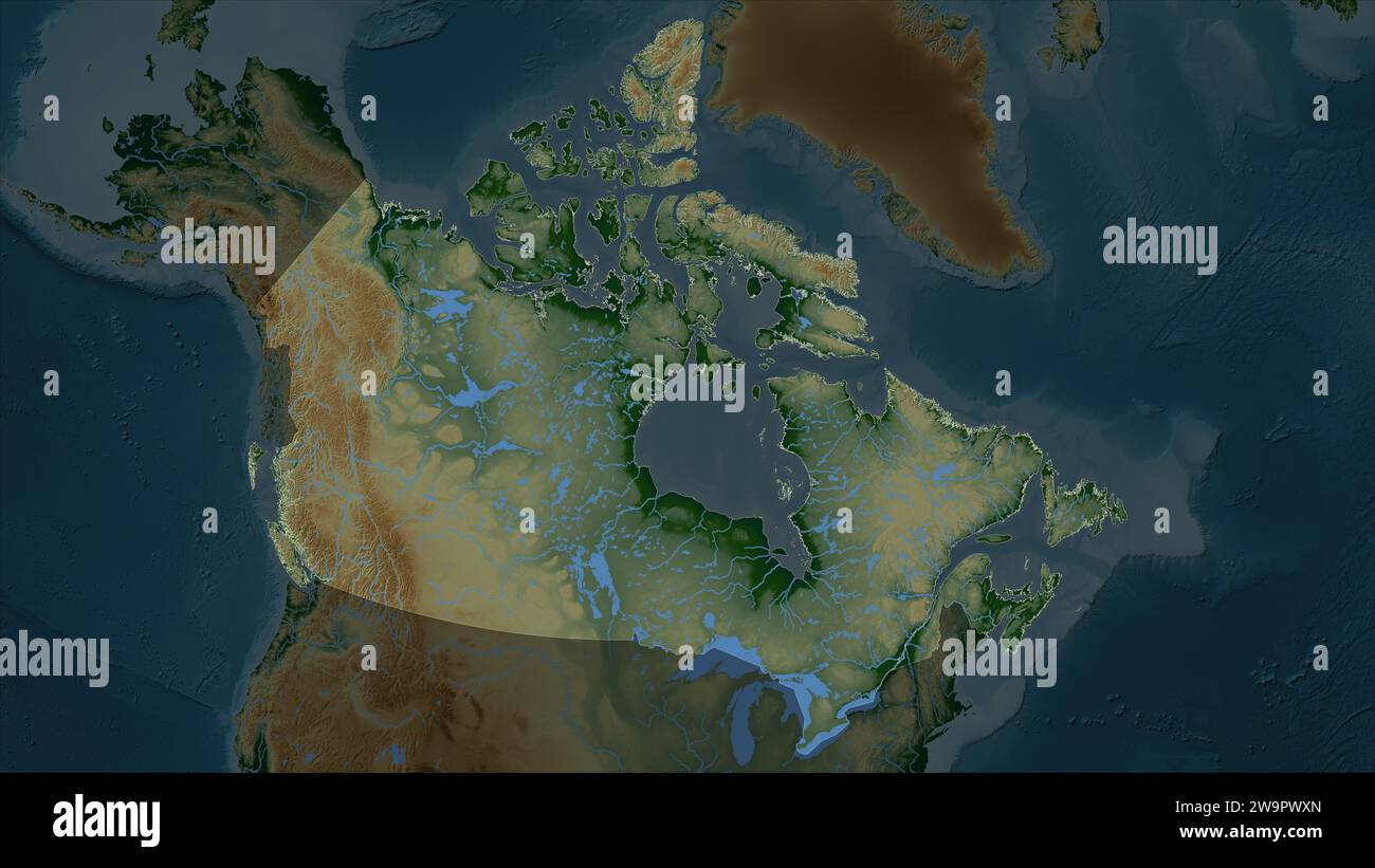 Canada highlighted on a Colored elevation map with lakes and rivers ...