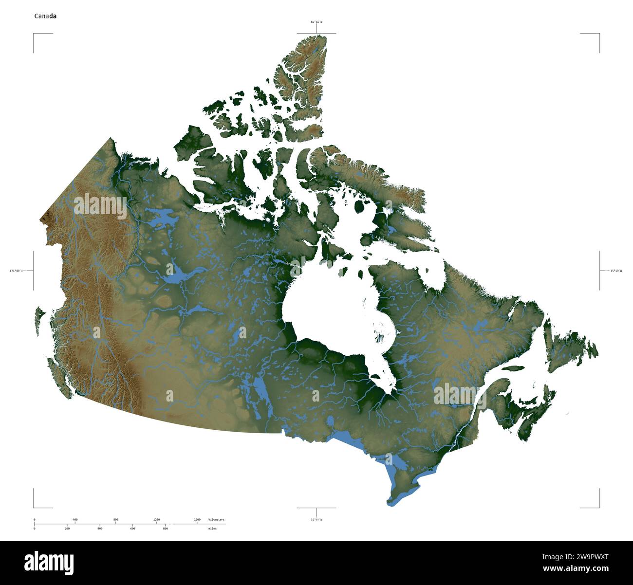 Shape of a Colored elevation map with lakes and rivers of the Canada ...