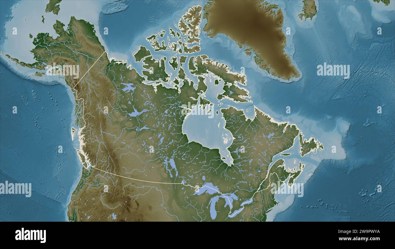 Canada outlined on a Pale colored elevation map with lakes and rivers ...