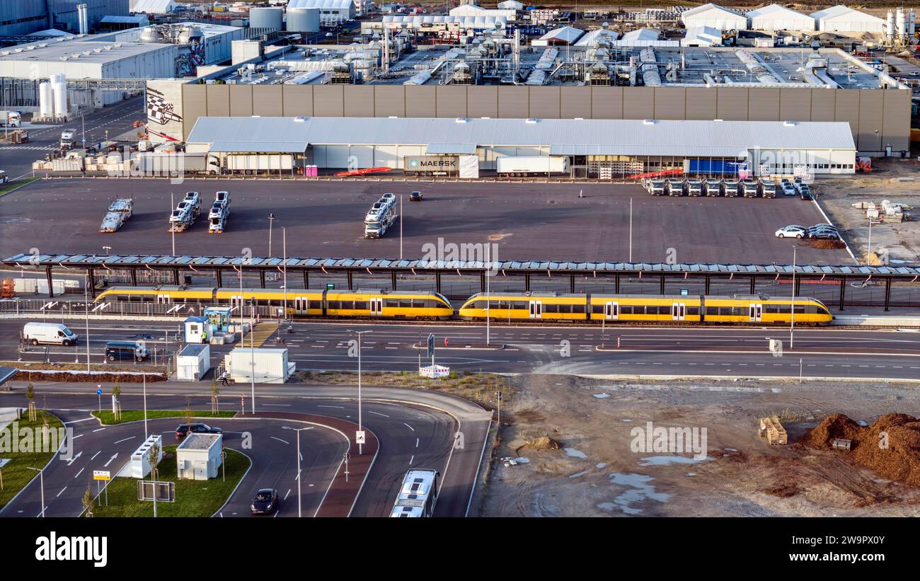 Aerial view of Tesla Gigafactory, Tesla shuttle train, Gruenheide, 23 ...