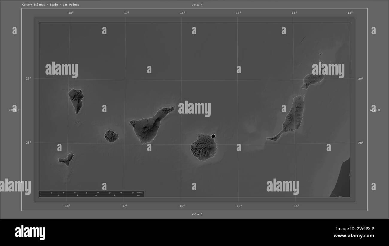 Canary Islands - Spain highlighted on a Grayscale elevation map with ...