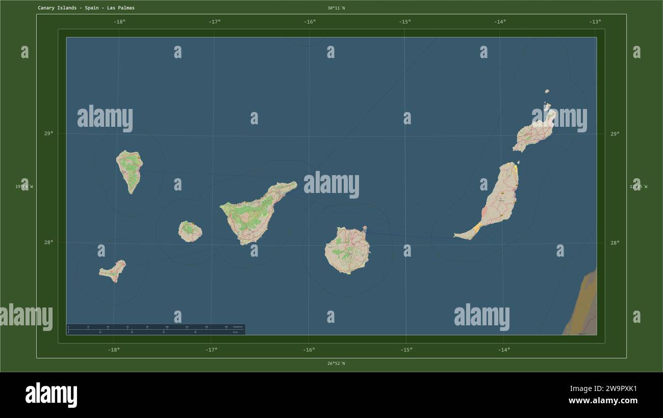 Canary Islands - Spain highlighted on a topographic, OSM Germany style ...