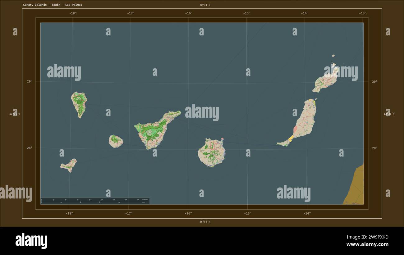 Canary Islands - Spain highlighted on a topographic, OSM France style ...
