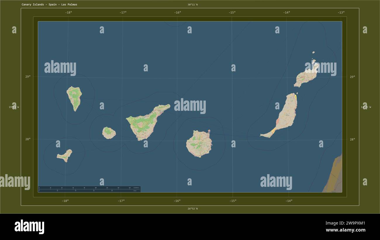 Canary Islands - Spain highlighted on a topographic, OSM standard style ...