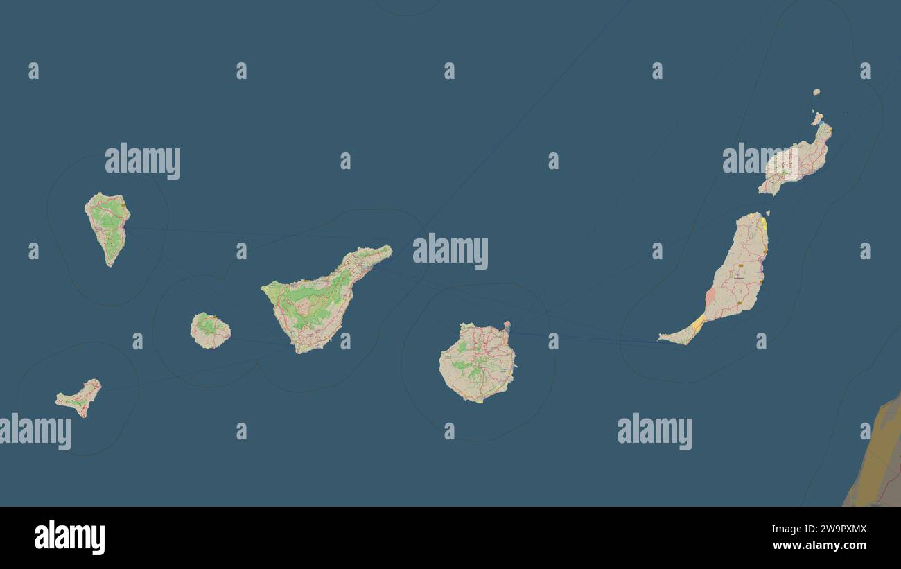 Canary Islands - Spain highlighted on a topographic, OSM Germany style ...