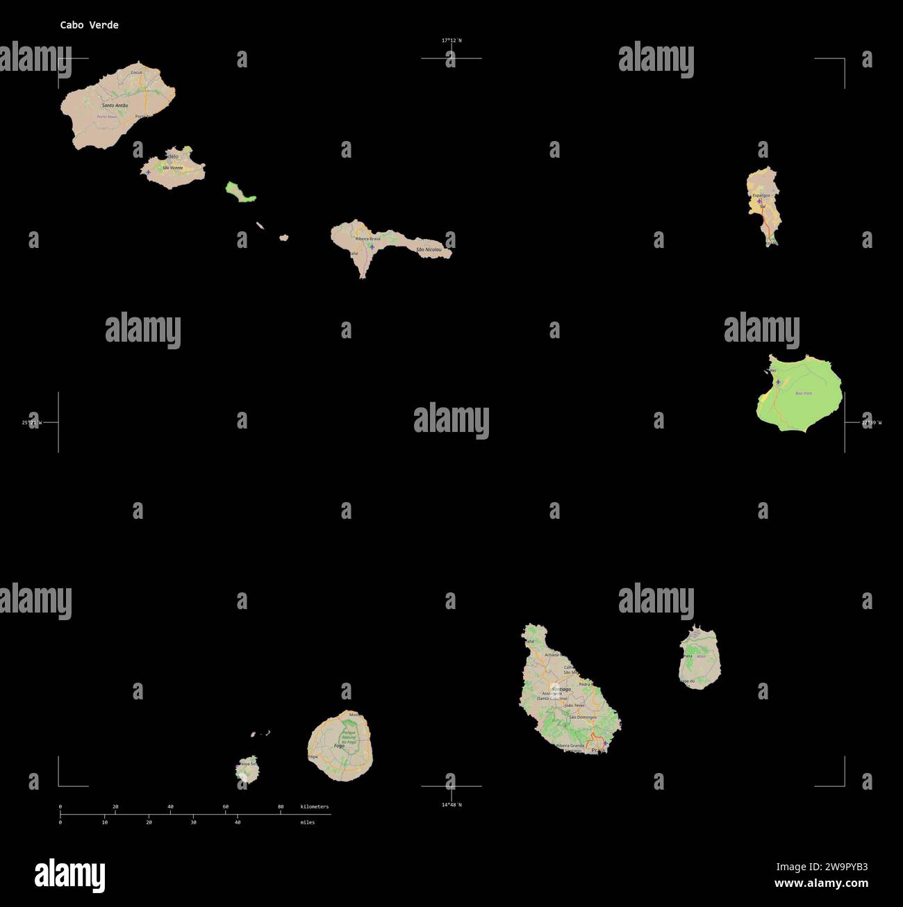 Shape of a topographic, OSM standard style map of the Cabo Verde, with ...