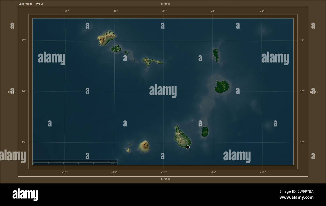 Cabo Verde highlighted on a Colored elevation map with lakes and rivers map with the country's ...