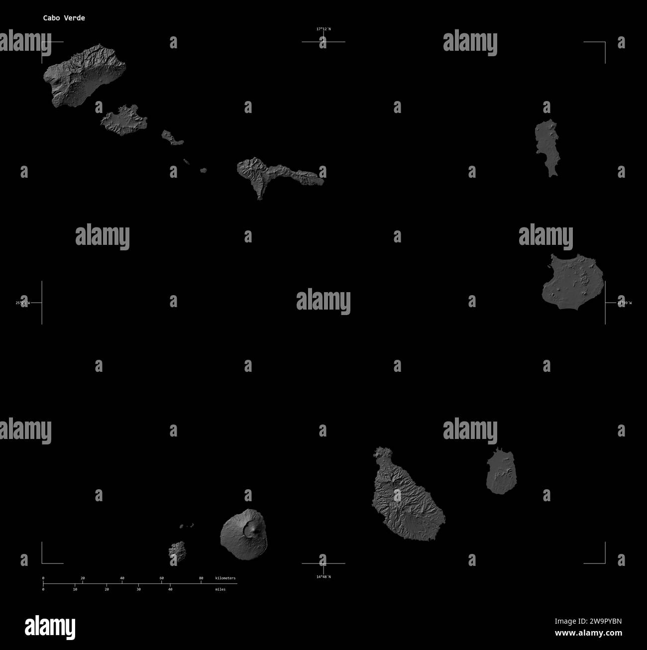Shape of a Bilevel elevation map with lakes and rivers of the Cabo ...