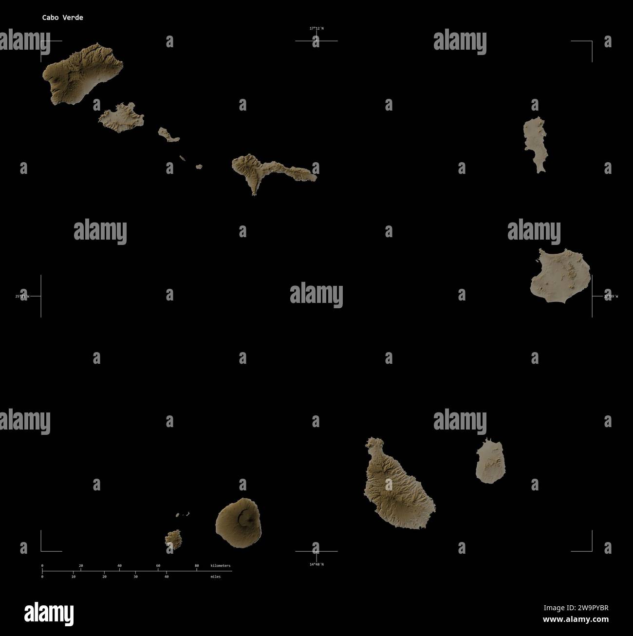 Shape of a elevation map colored in sepia tones with lakes and rivers of the Cabo Verde, with ...