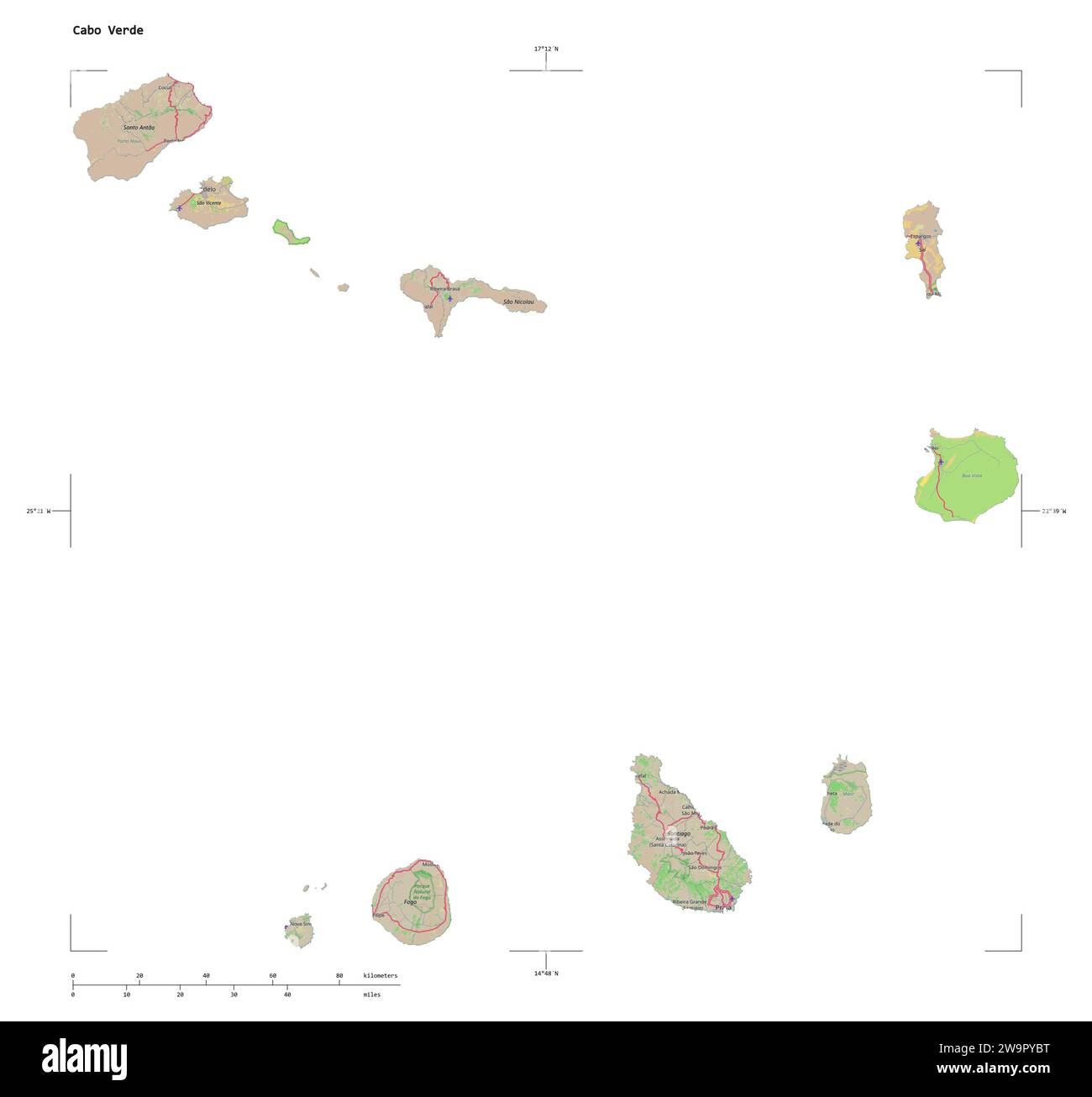 Shape of a topographic, OSM Germany style map of the Cabo Verde, with ...